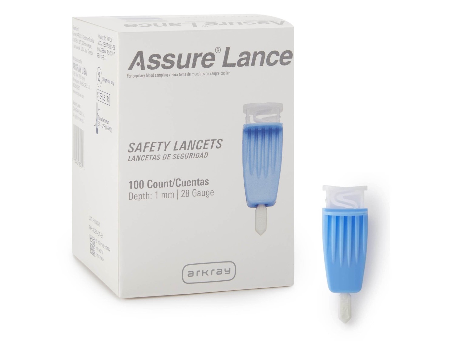 AssureLance Push-Button Safety Lancets, 28G x 1mm, Light Blue, 100/box